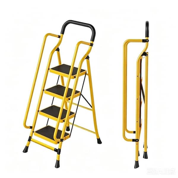 maocao hoom Yellow Reach 3.3 ft. 4 Step Ladder with Handrails, Folding ...