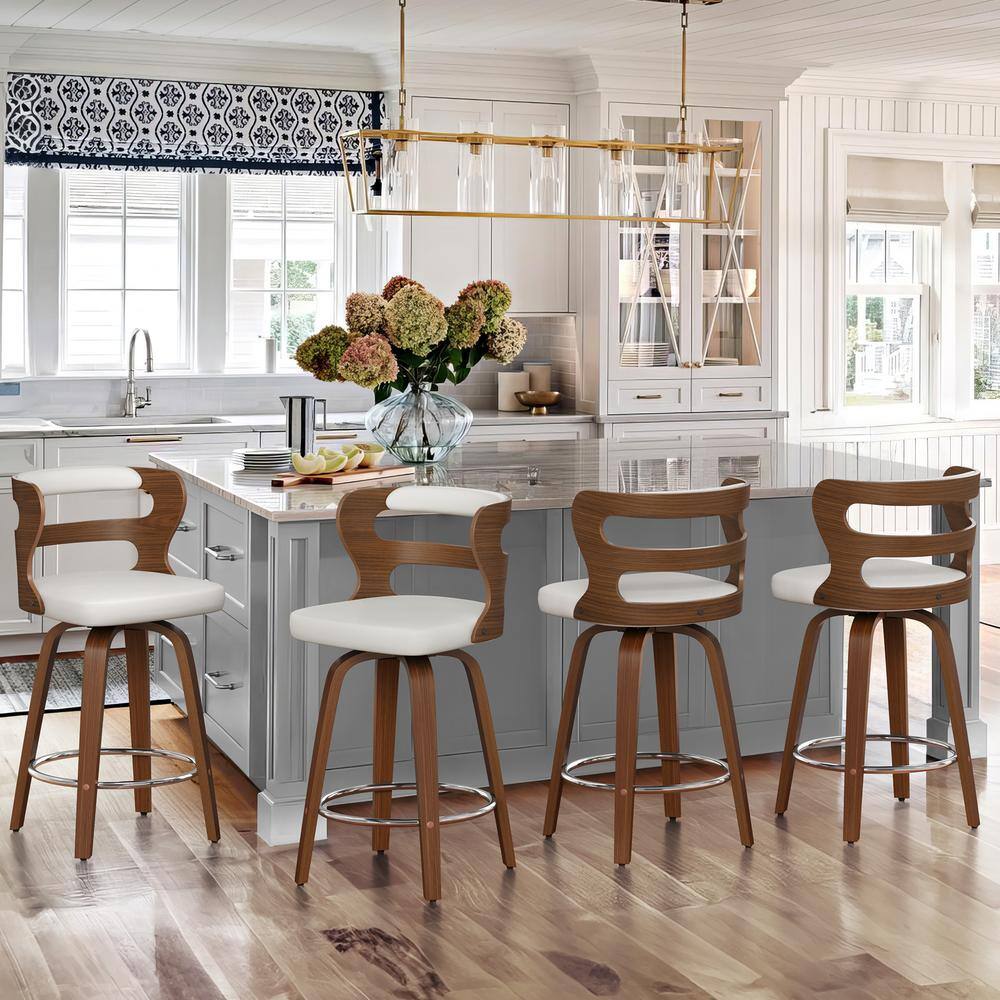 26 in. White Faux Leather and Walnut Wood Mid Century Modern Swivel Counter Height Bar Stool Set of 4