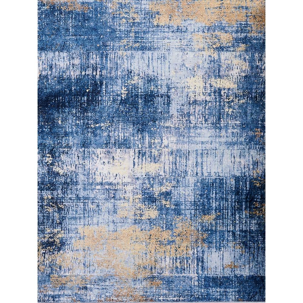 Amazing Rugs Zara Contemporary Blue/Gold 3 ft. x 5 ft. Washable Super ...