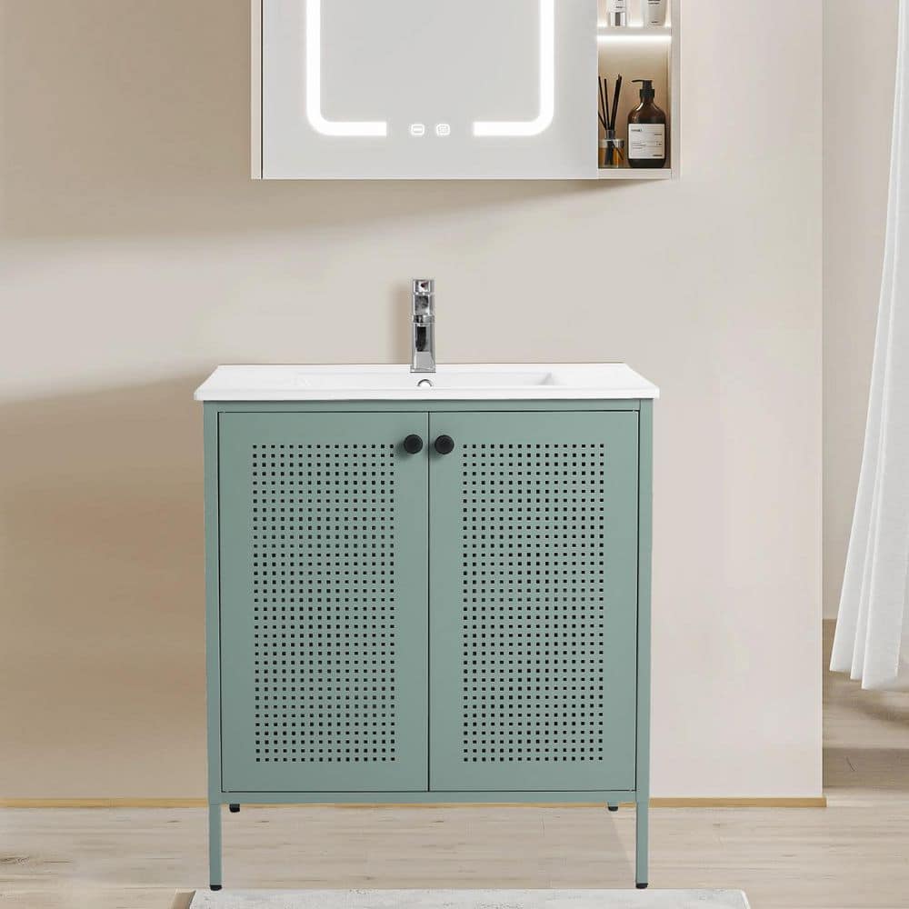 Satico 30 in. Freestanding Mint Green Bath Vanity with White Ceramic ...