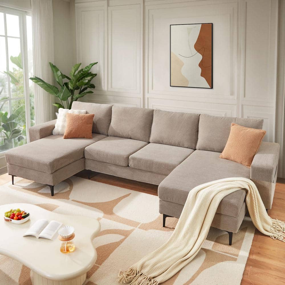 Allwex KIKI 126 in. Square Arm Modern 4-Seat Corduroy Fabric U-Shape ...