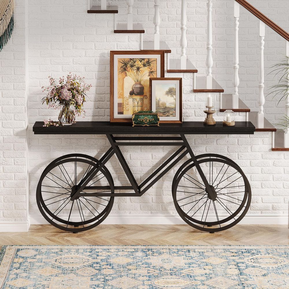 BYBLIGHT 70.9 in. Black Rectangle Wood Console Table with Bicycle Metal ...