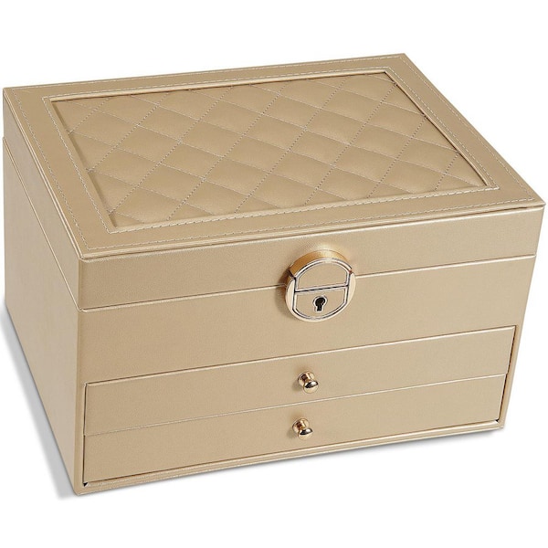 Champagne Rectangular 3 Layers Faux Leather Jewelry Box with 2 Drawers ...