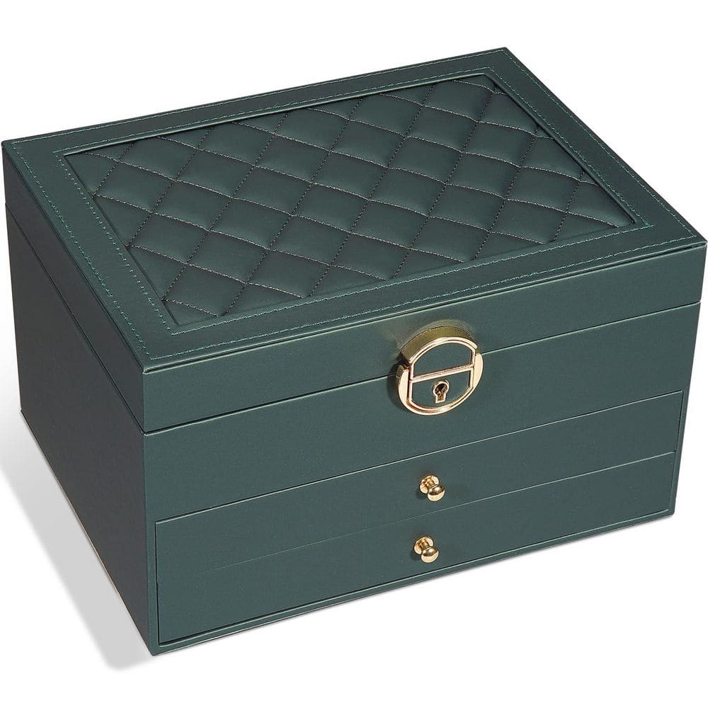 Hunter Green Rectangular 3 Layers Faux Leather Jewelry Box with 2 ...