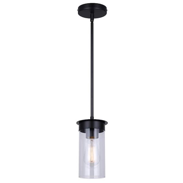 CANARM Benson 60-Watt 1-Light Matte Black Drum Pendant Light with Clear ...
