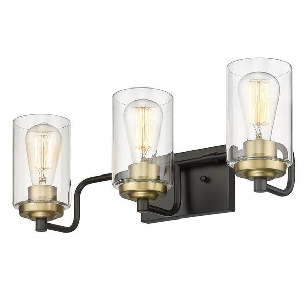 JAZAVA 21.3 in. 3-Light Matte Black and Brushed Brass Vanity Light with ...