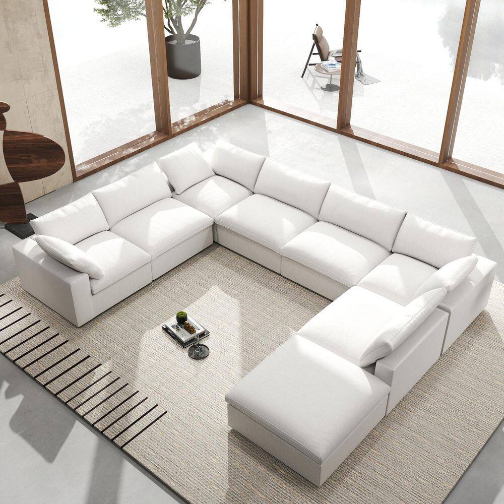 J&E Home 157.3 in. Square Arm 8-Piece Linen Modular Deep Seat U-Shaped ...