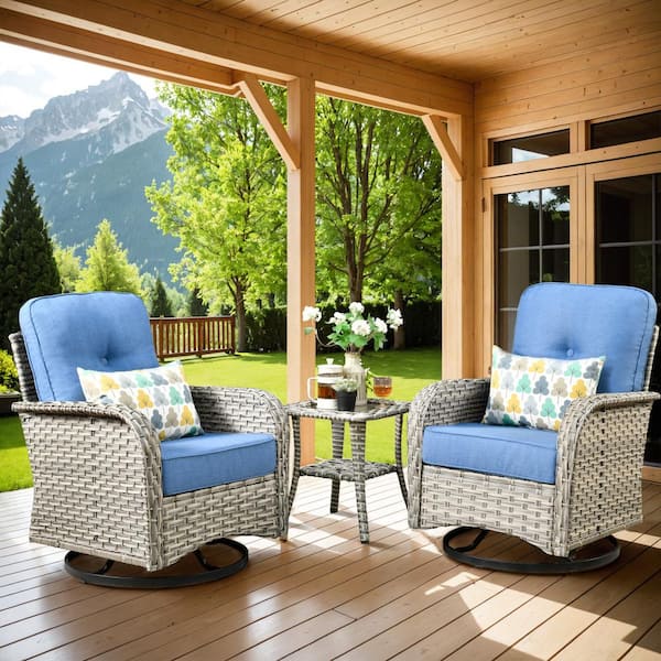 XIZZI Charlotte 3-Piece Wicker Outdoor Rocking Chair with Blue Cushions ...