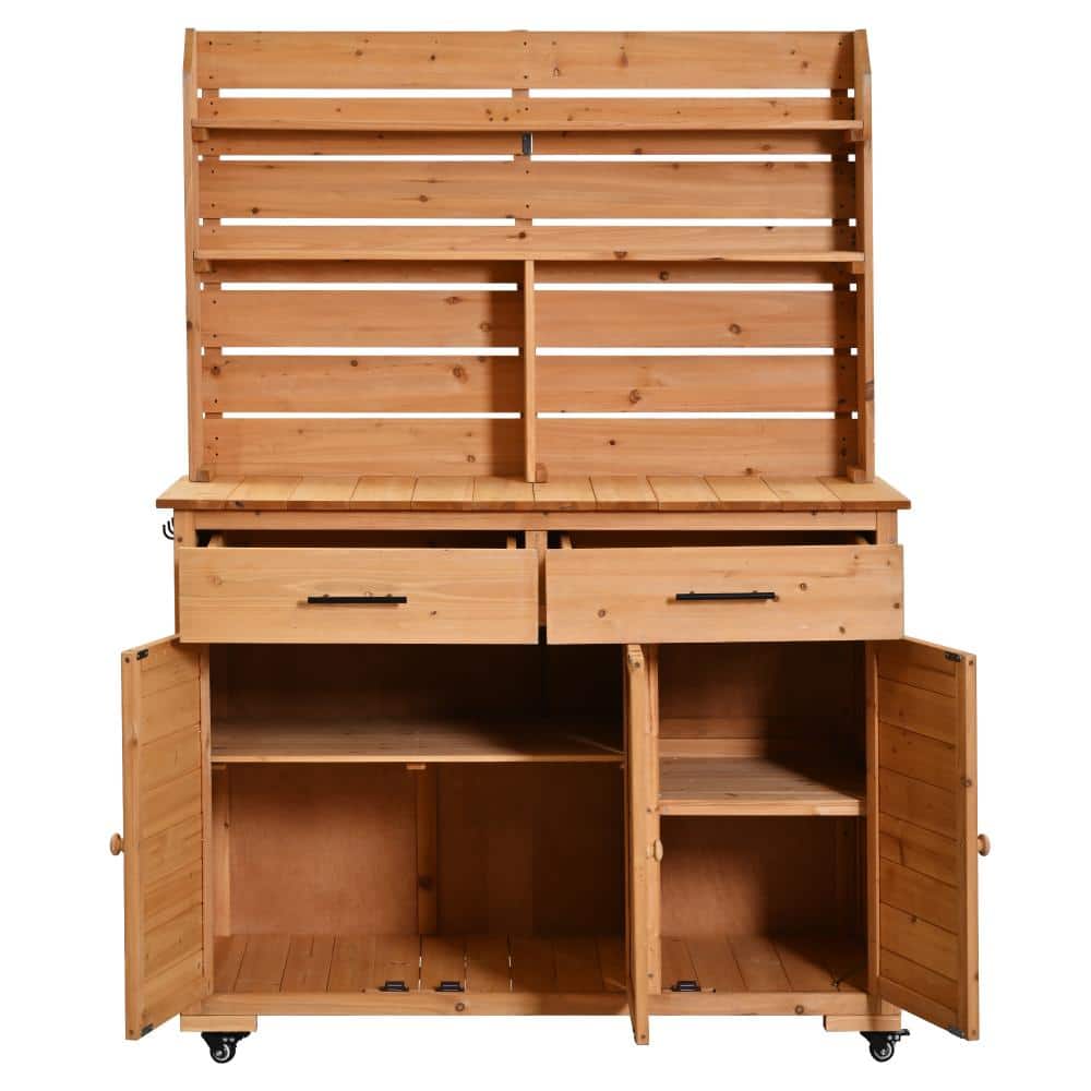 Wood Outdoor Kitchen Island Prep Cart with Lockable Wheel and Storage ...