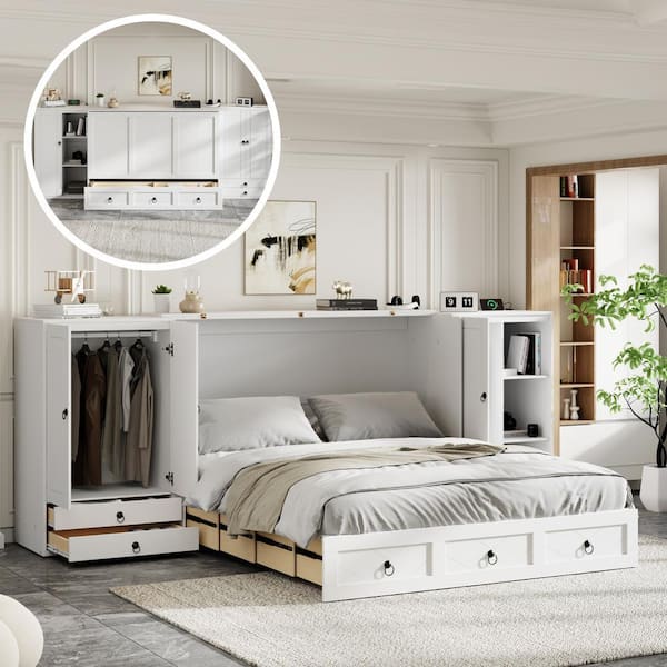 Nestfair White Wood Frame Queen Size Murphy Bed with Little Wardrobes ...