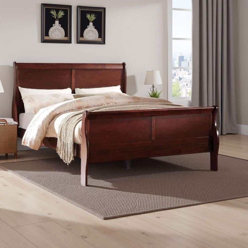 Benjara Zyna Dark Cherry Brown Queen Wood Frame Sleigh Bed Low Profile ...