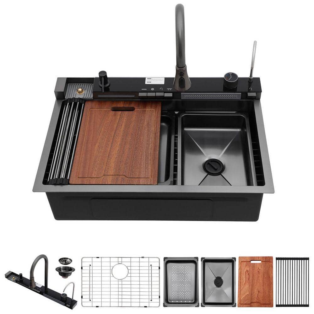 Qidian 30 in Drop-In Single Bowl Gunmetal Black Workstation Stainless ...
