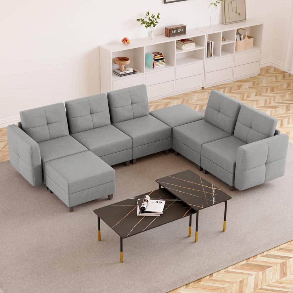 GOJANE 103.7 in.W U-Shaped Sofa Square Arm Fabric Modern Storable 5 ...