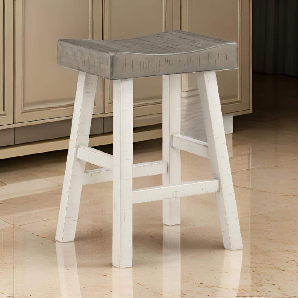 Benjara 24.5 in. White and Gray Backless Wood Bar Stool (Set of 2 ...