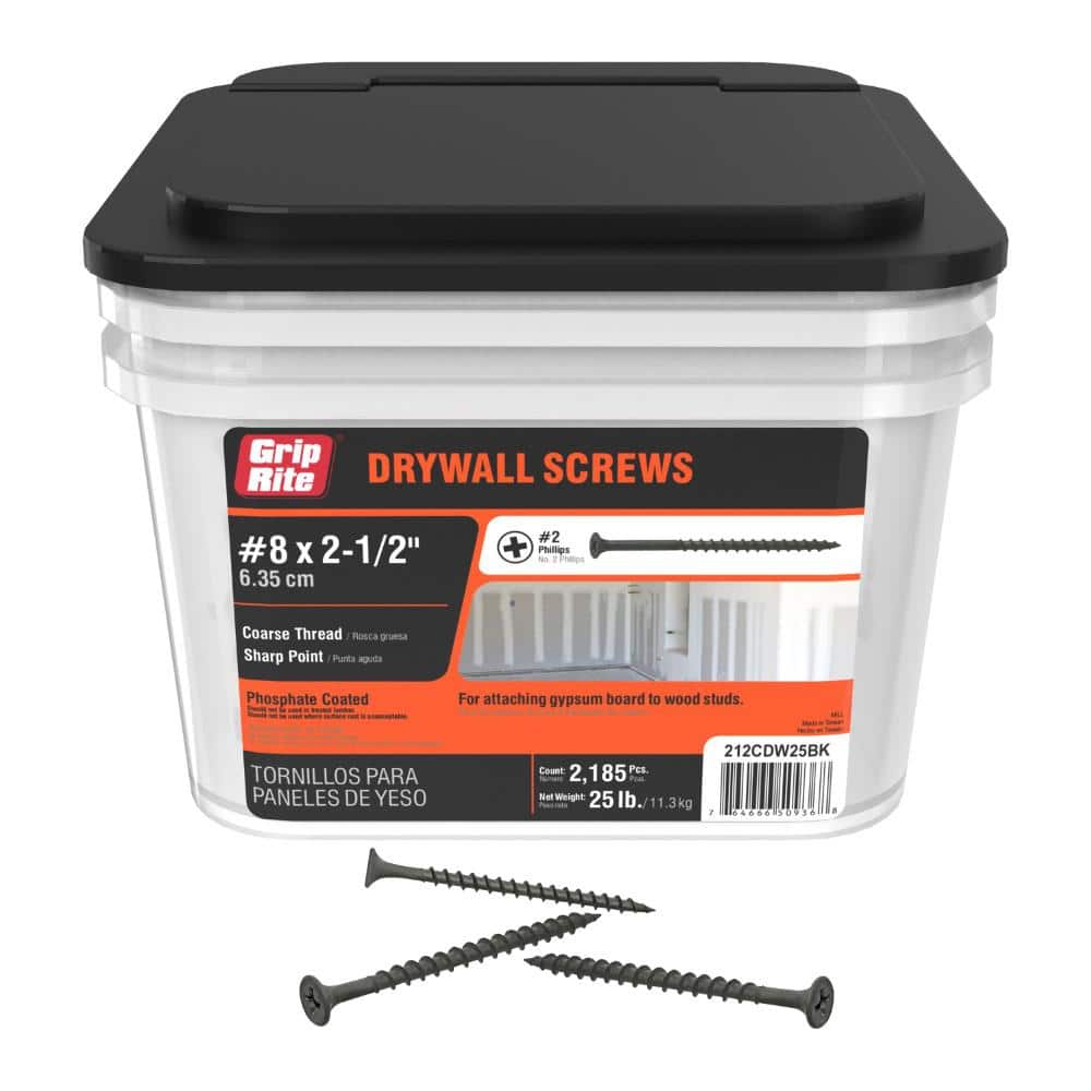 Grip-Rite #8 x 2-1/2 in. #2 Phillips Bugle Head Coarse Thread Drywall Screws 25 lb. bucket ...