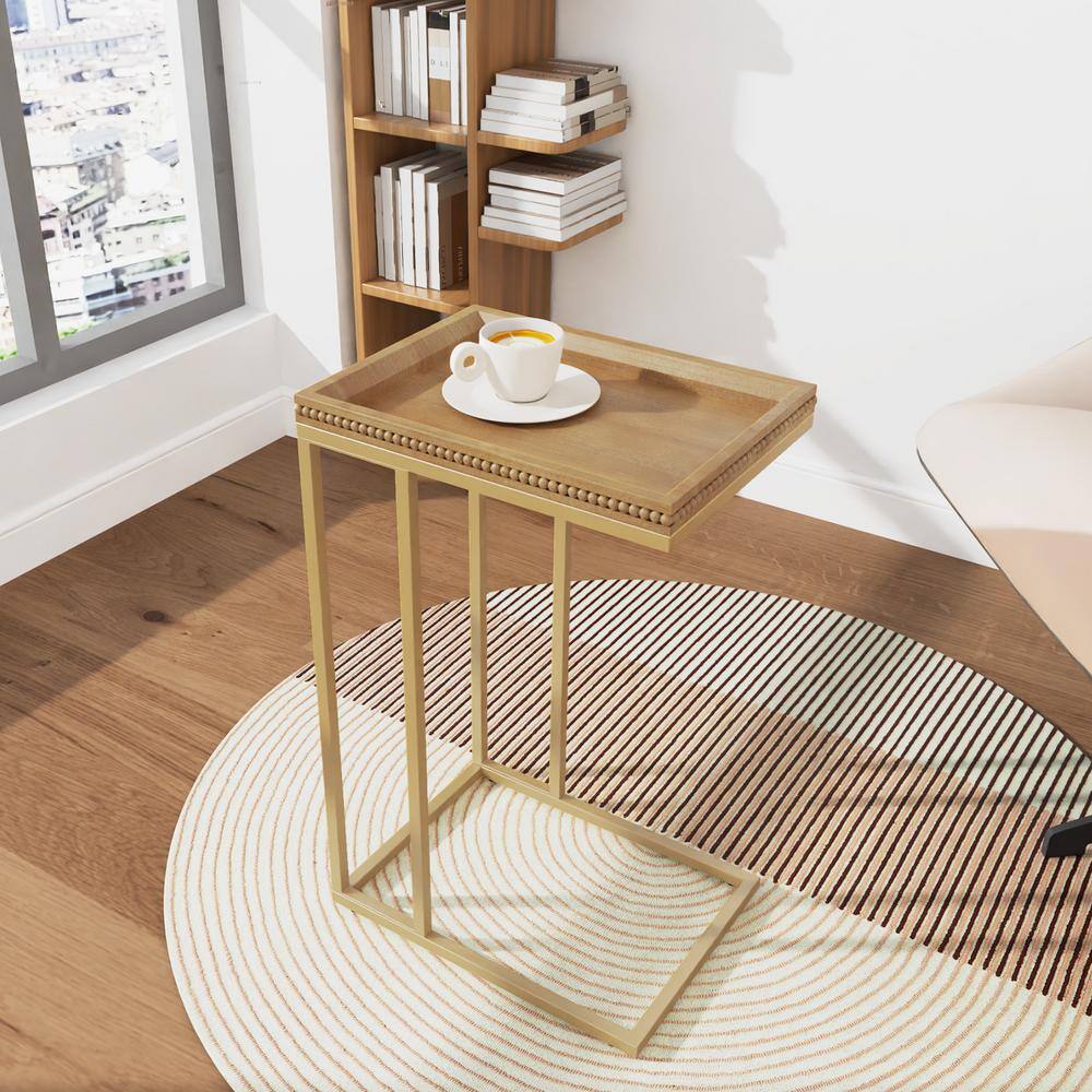 HAWOO 12 in. Natural Wood C Shaped Gold End Table with Metal Frame U240205 - The Home Depot