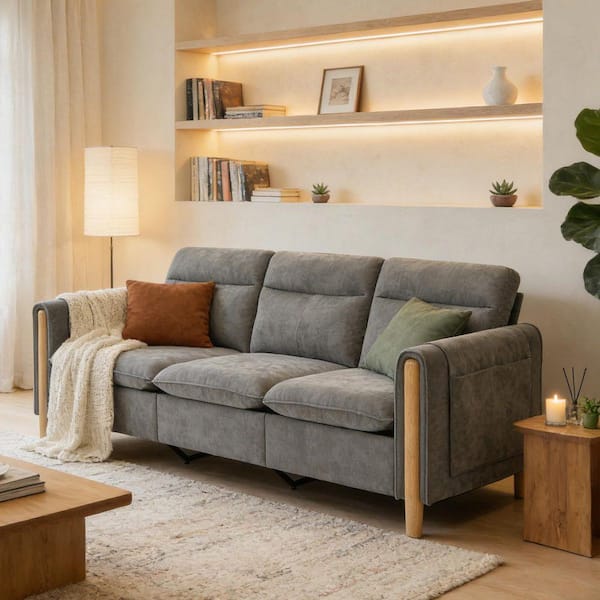 HOMEFUN 79.53 in. Modern Light Gray Chenille 3-Seater Straight Arm ...
