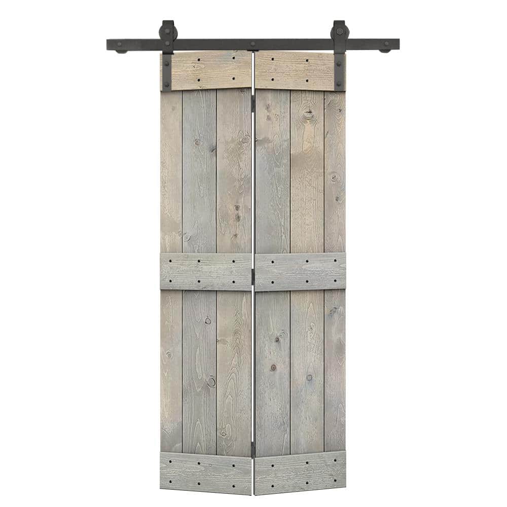 CALHOME 20 in. x 84 in. Mid-Bar Series Smoke Gray Stained DIY Wood Bi-Fold Barn Door with ...