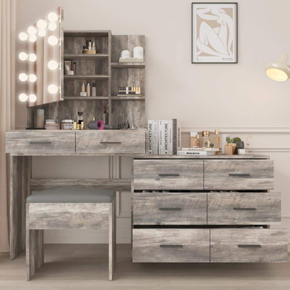 Karl home 2-Piece Gray Makeup Vanity Set with Combination Cabinet ...