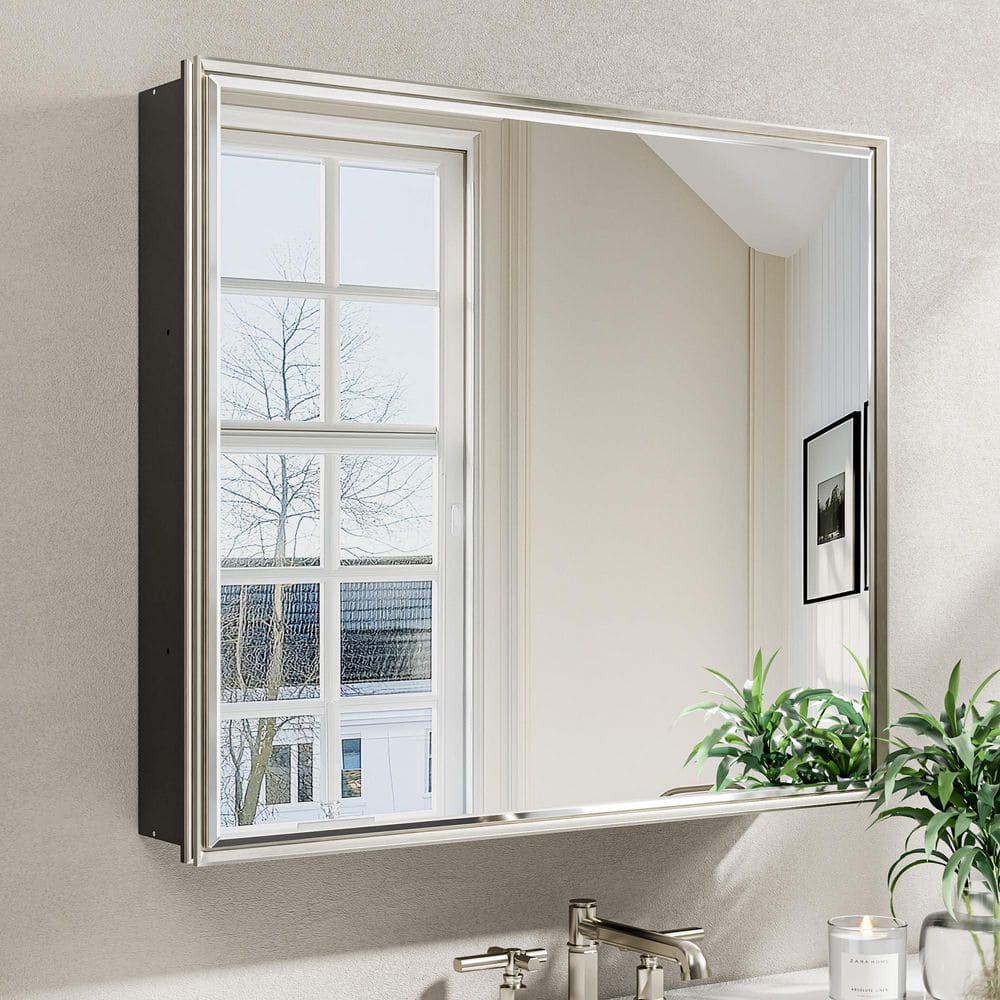 QueenFun Musey 30 in W x 26 in H Brush Nickel Rectangular Aluminum Medicine Cabinet with Beveled ...