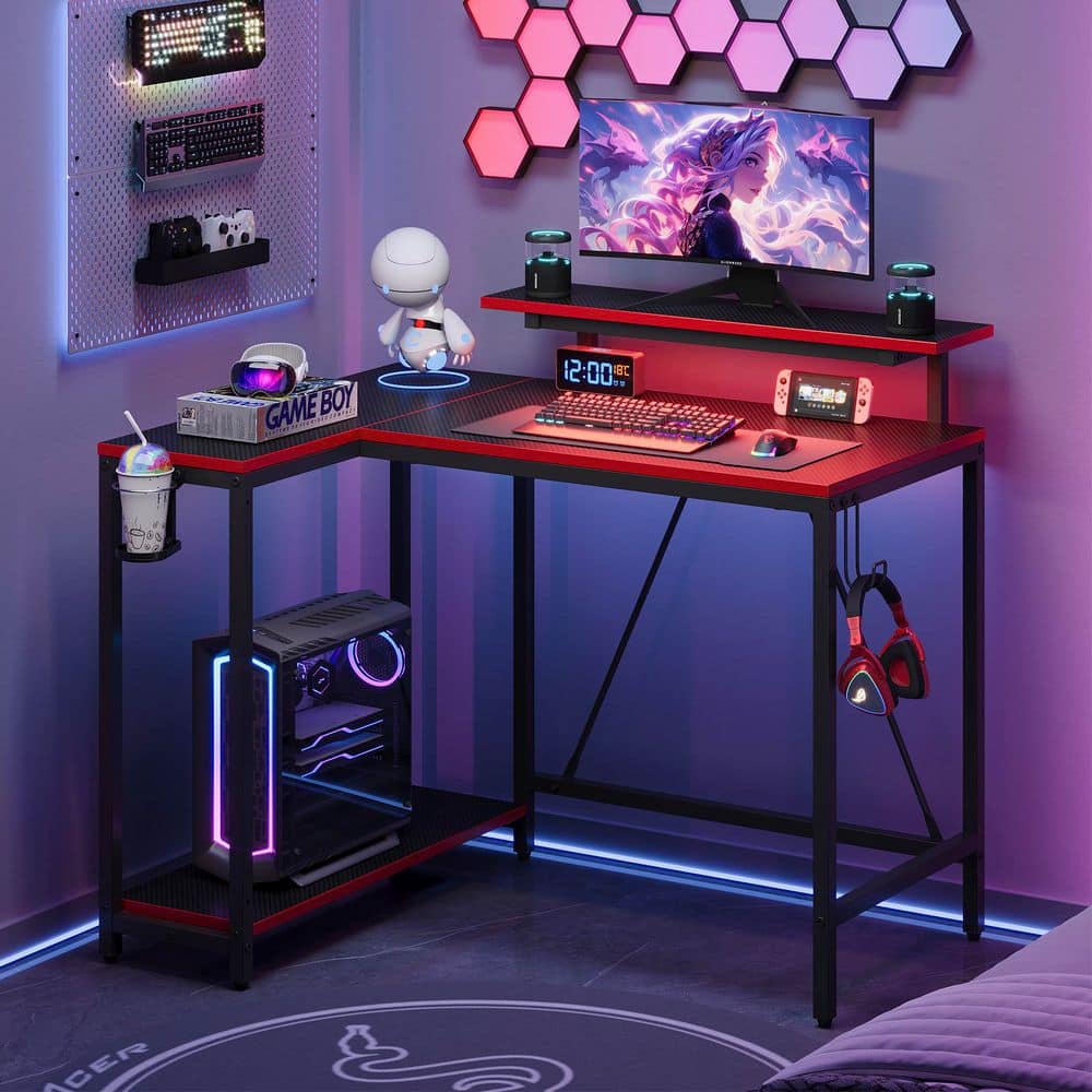 PINMOCO 42 in. L-Shaped Black Carbon Fiber Reversible Gaming Desk LED ...