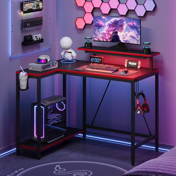 PINMOCO 42 in. L-Shaped Black Carbon Fiber Reversible Gaming Desk LED ...