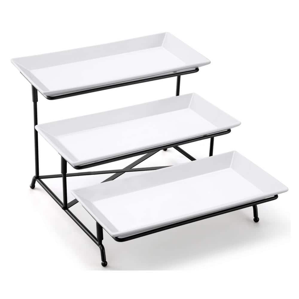 Angel Sar 12 in. Porcelain 3-Tier Rectangular Serving Tray Set with ...