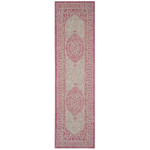 SAFAVIEH Courtyard Light Gray/Fuchsia 2 ft. x 10 ft. Border Indoor ...