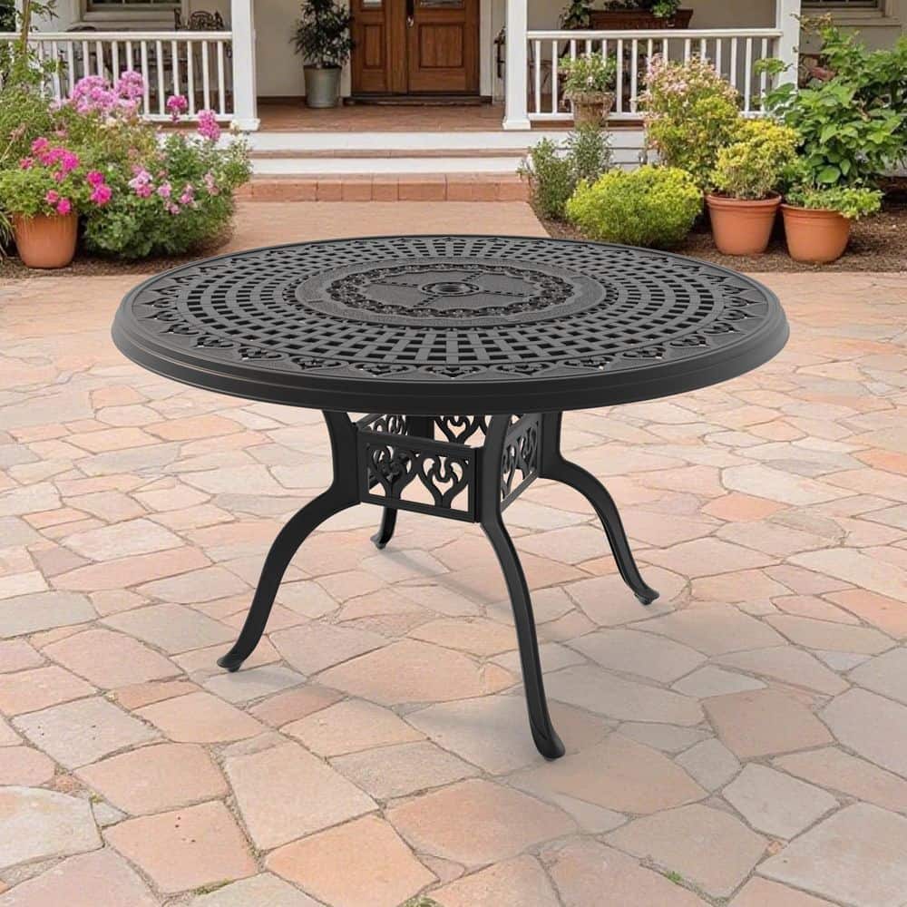 47.24. in. Cast Aluminum Round Outdoor Patio Dining Table with Umbrella ...
