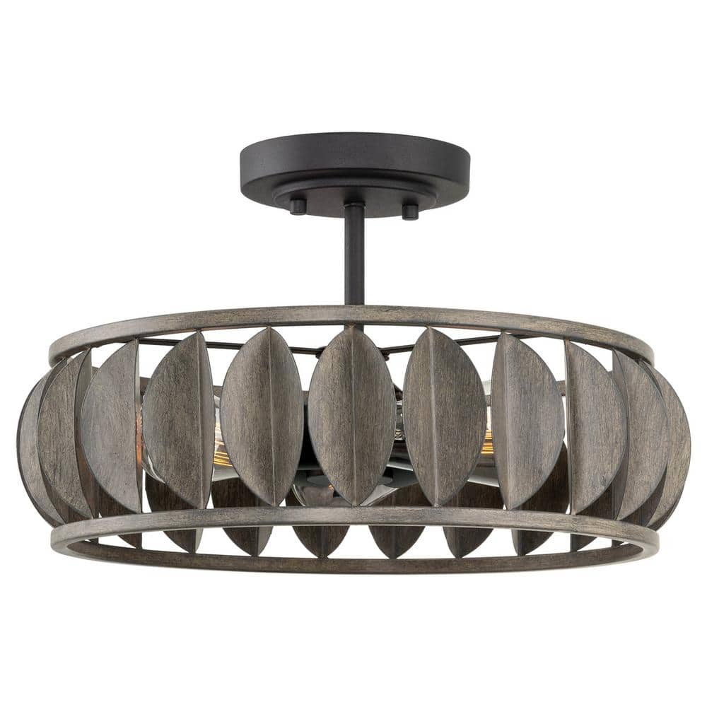Kira Home Eclipse 60-Watt 3-Light Sandblasted Black Modern Semi-flush with Gray Oak Shade, No ...