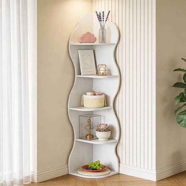 BYBLIGHT Eulas 68.5 in. Tall White Wood 5-Shelf Etagere Bookcase with ...