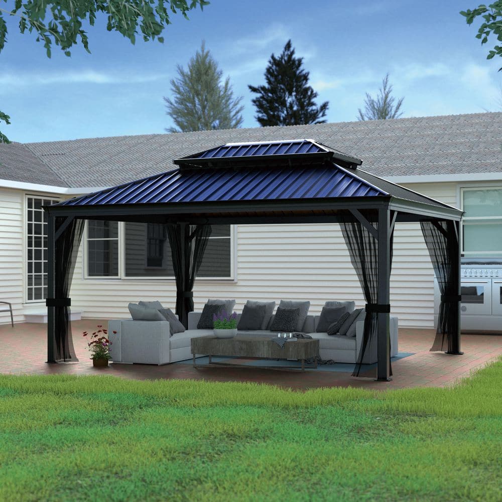 VEIKOUS 16 ft. W x 12 ft. D Aluminum Hardtop Gazebo with Galvanized ...