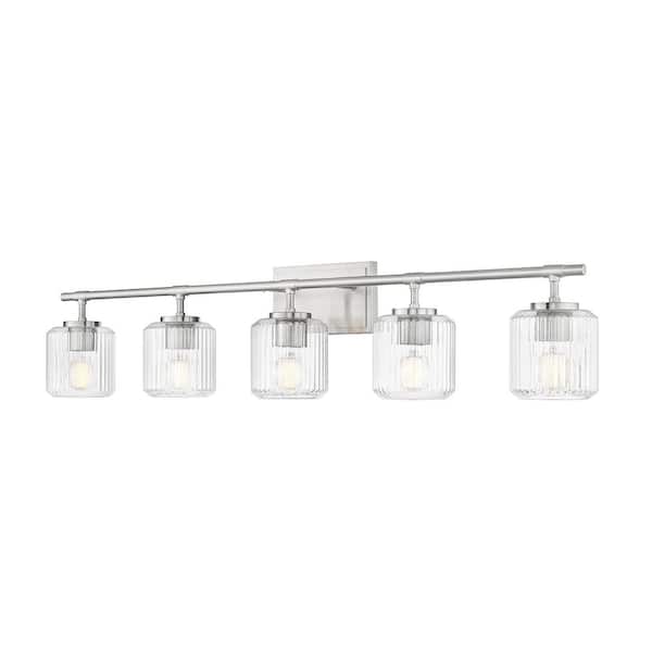 Landon 42 in. 5 Light Brushed Nickel Vanity Light with Clear Ribbed ...