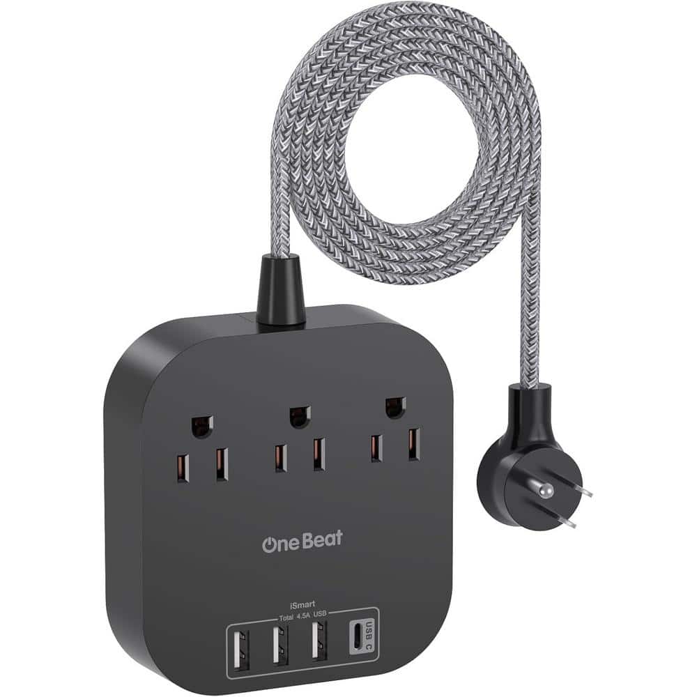 Lukyamzn 5 ft. Braided Cord Power Strip with Flat Plug, 3-Outlets 4-USB ...