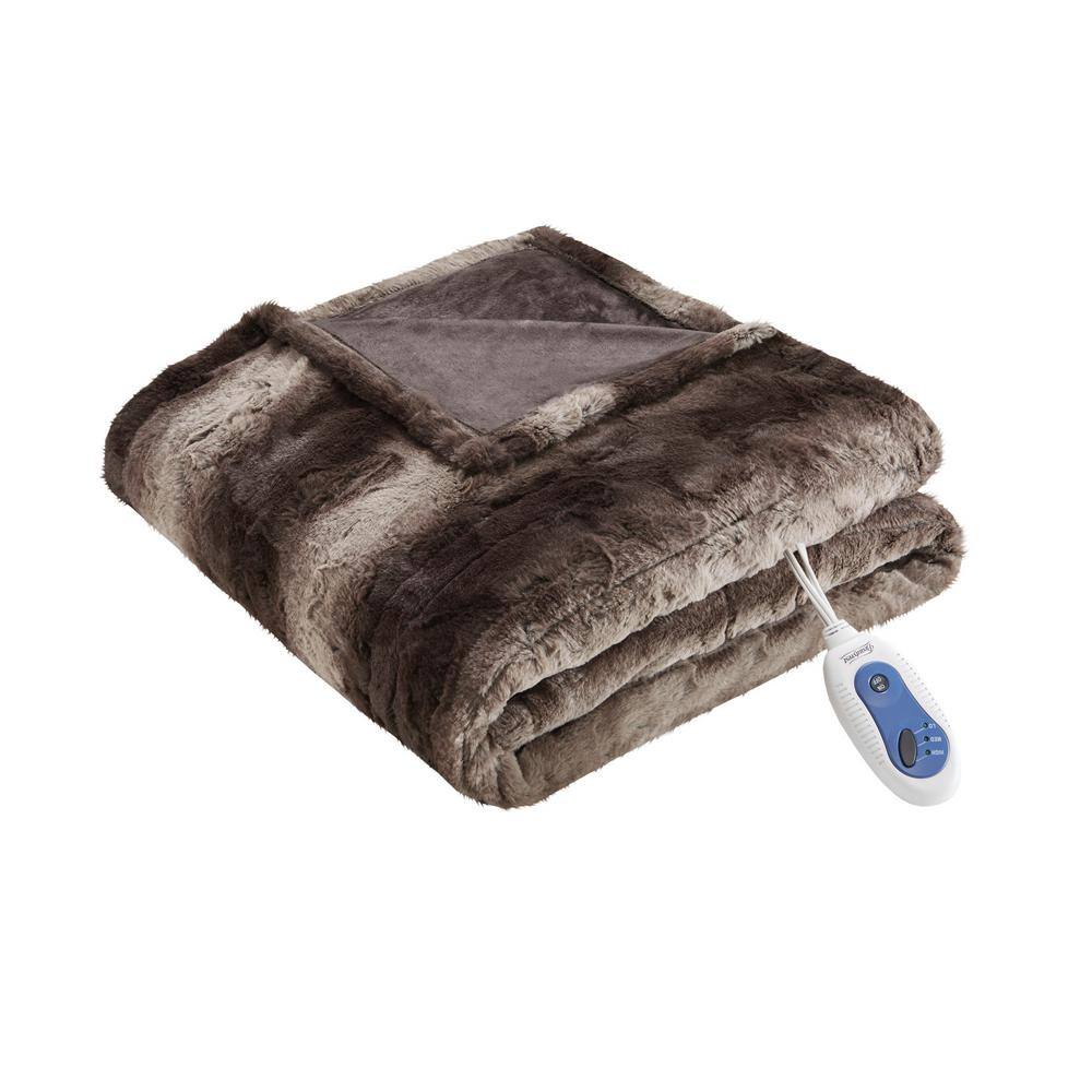 Beautyrest Marselle Chocolate 50 in. x 70 in. Oversized Faux Fur Heated ...
