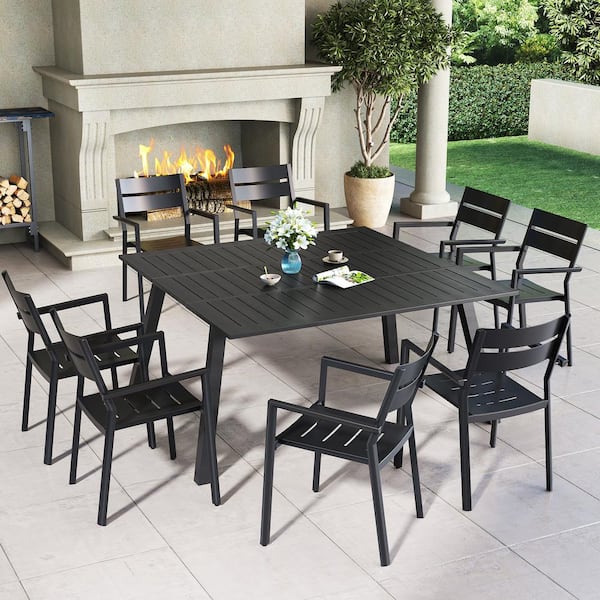 Pellebant 9-Piece Aluminum Extension Table Stackable Arms Chairs ...