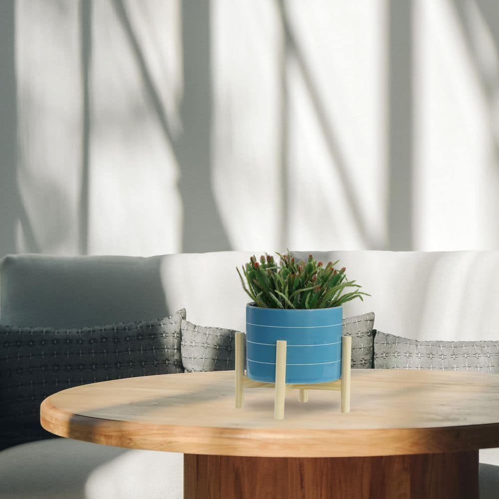 GOGEXX 8 in. Blue Ceramic Modern Flower Pot with Stand, Planter with ...