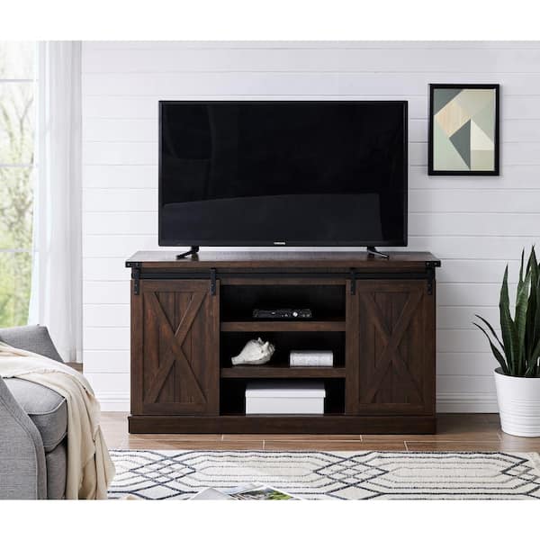 54 in. Espresso Sliding Barn Door Farmhouse TV Stand for TVS Up to 65 in
