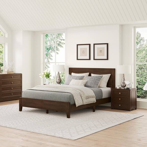 Lazio Mid Century Brown Walnut Solid Wood Frame Queen Size Platform Bed Frame with Headboard Wooden Slat Support