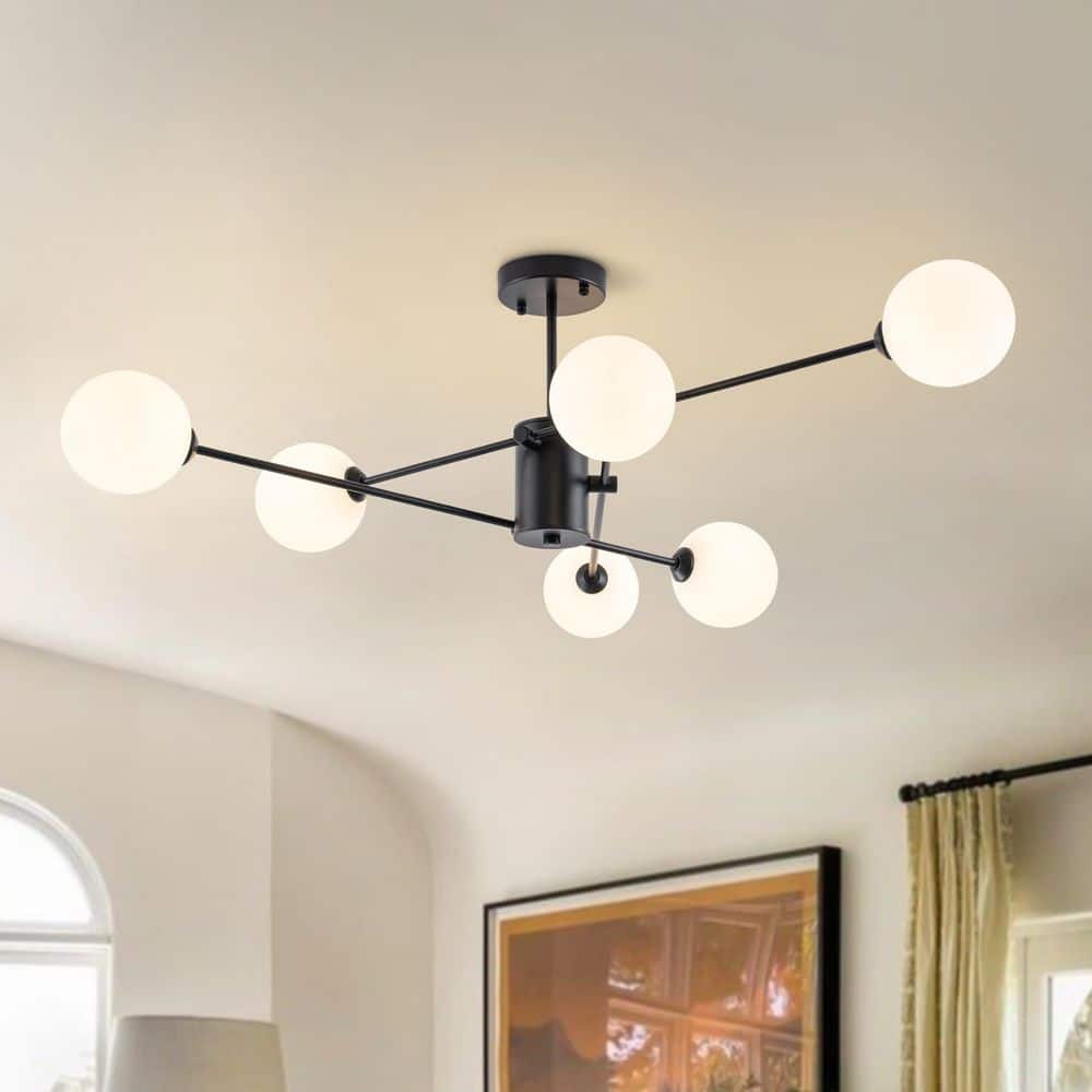 HUOKU Ceder 6-Light 32.7 in. W Matte Black Semi Flush Mount Sputnik ...