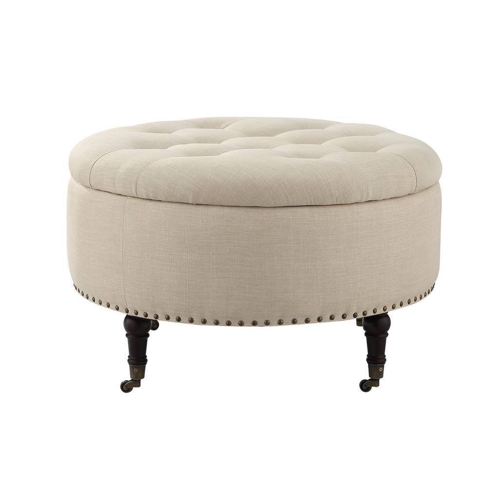 Rustic Manor Renata Beige Upholstered Linen Round Shape Storage Ottoman ...