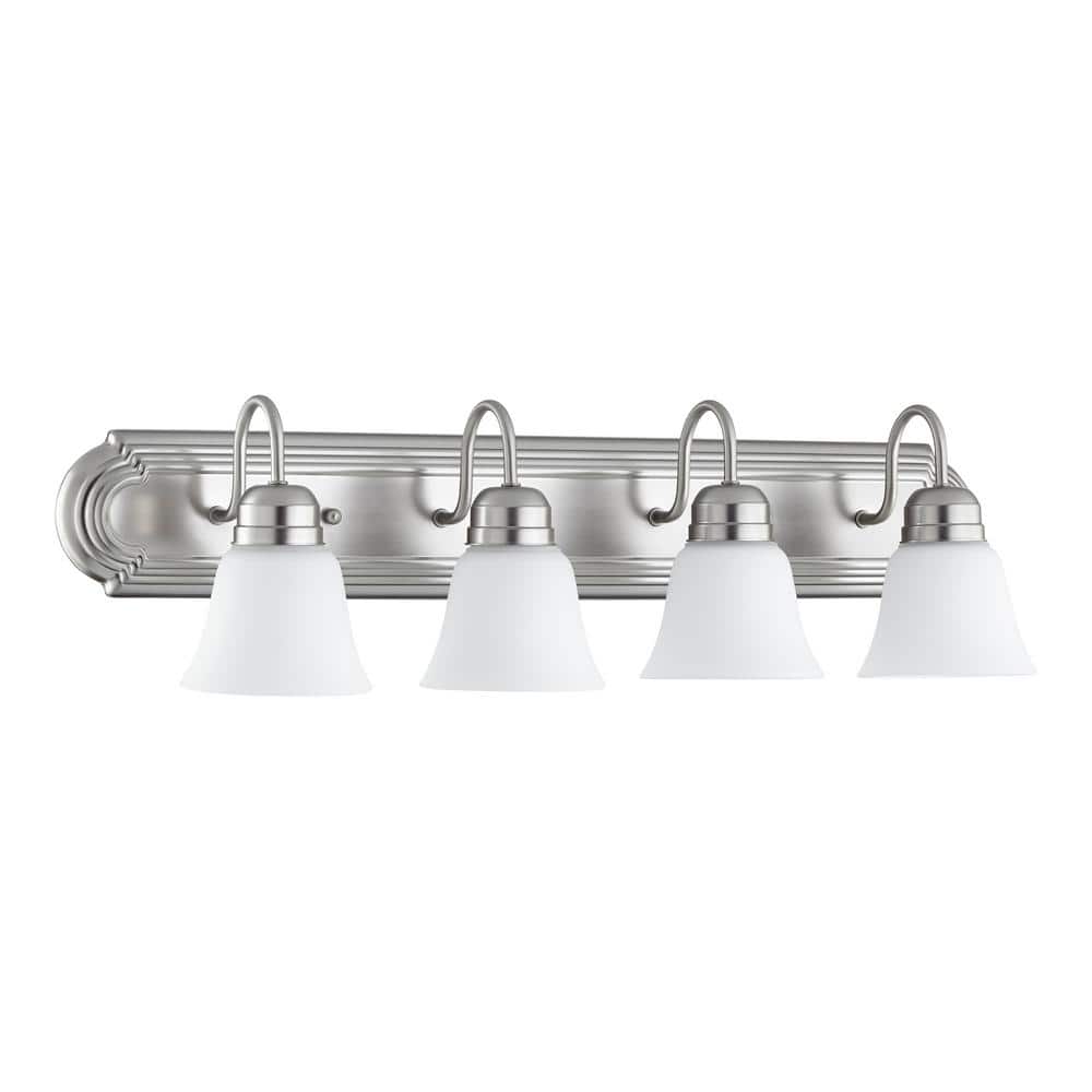 Quorum INTERNATIONAL Traditional 30 in. W 4-Lights Satin Nickel Vanity Light with Satin Opal ...