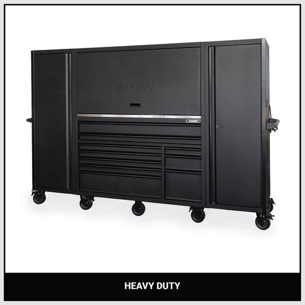 Husky 62 in. W x 24 in. D Heavy Duty 10 Drawer Mobile Workbench with Combo Hutch and 2 Tall Side Lockers in Matte Black HOGSC010BB1S The Home Depot