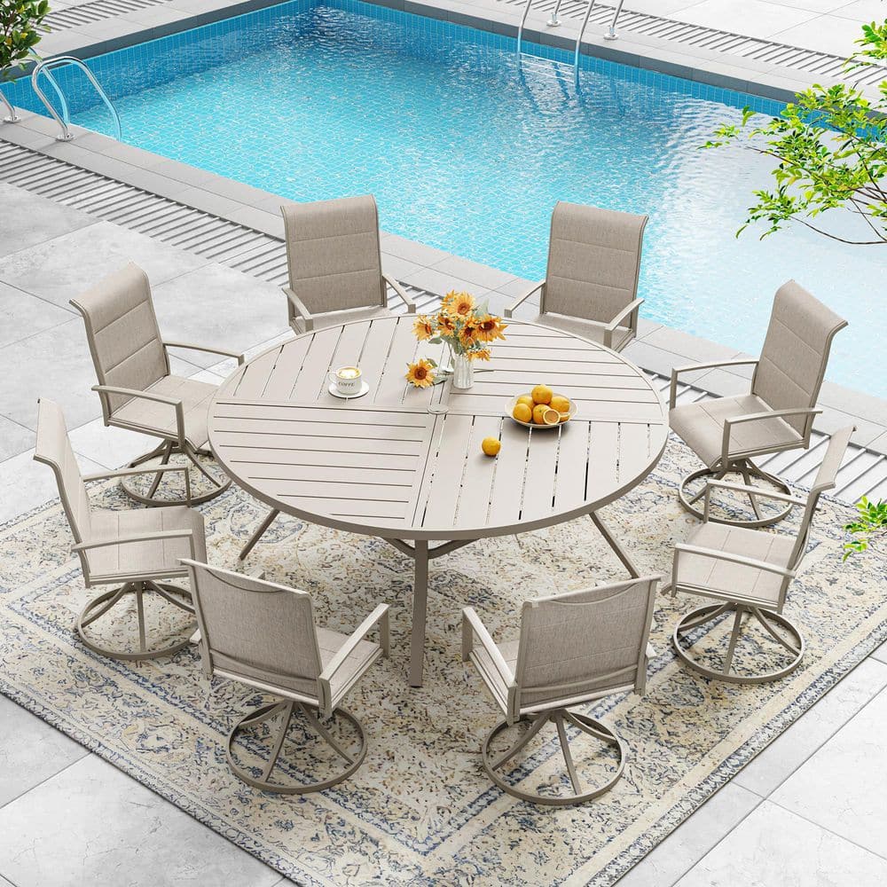DIFY 9-Piece Metal Textilene Outdoor Patio Dining Set with Sandshell ...