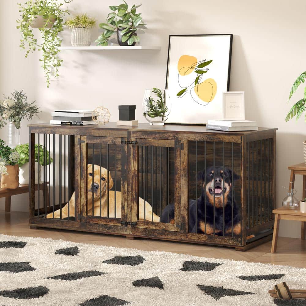 FUFU&GAGA Heavy-Duty Wooden Dog Crate with Trays and Divider for 2 Dog, Large Dog Crate ...
