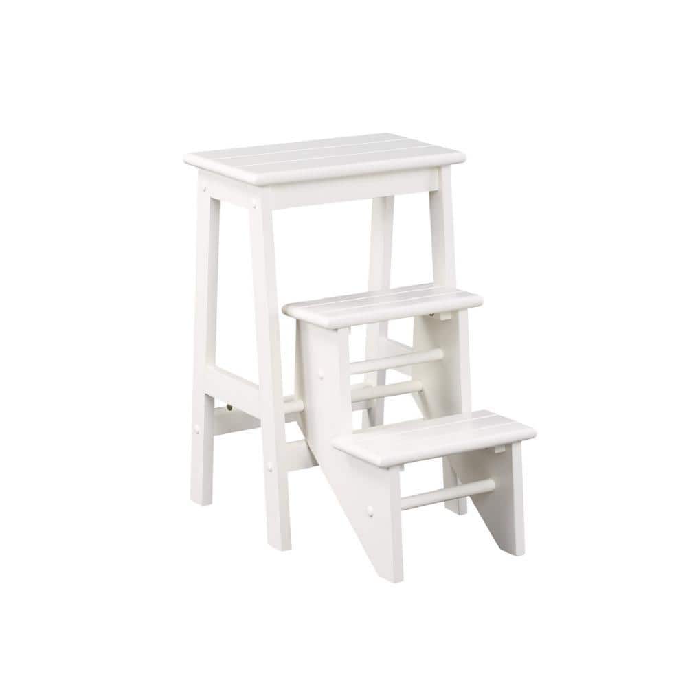 Benjara 3-Step Classic White Wood Step Stool with Plank Tops and Safety ...