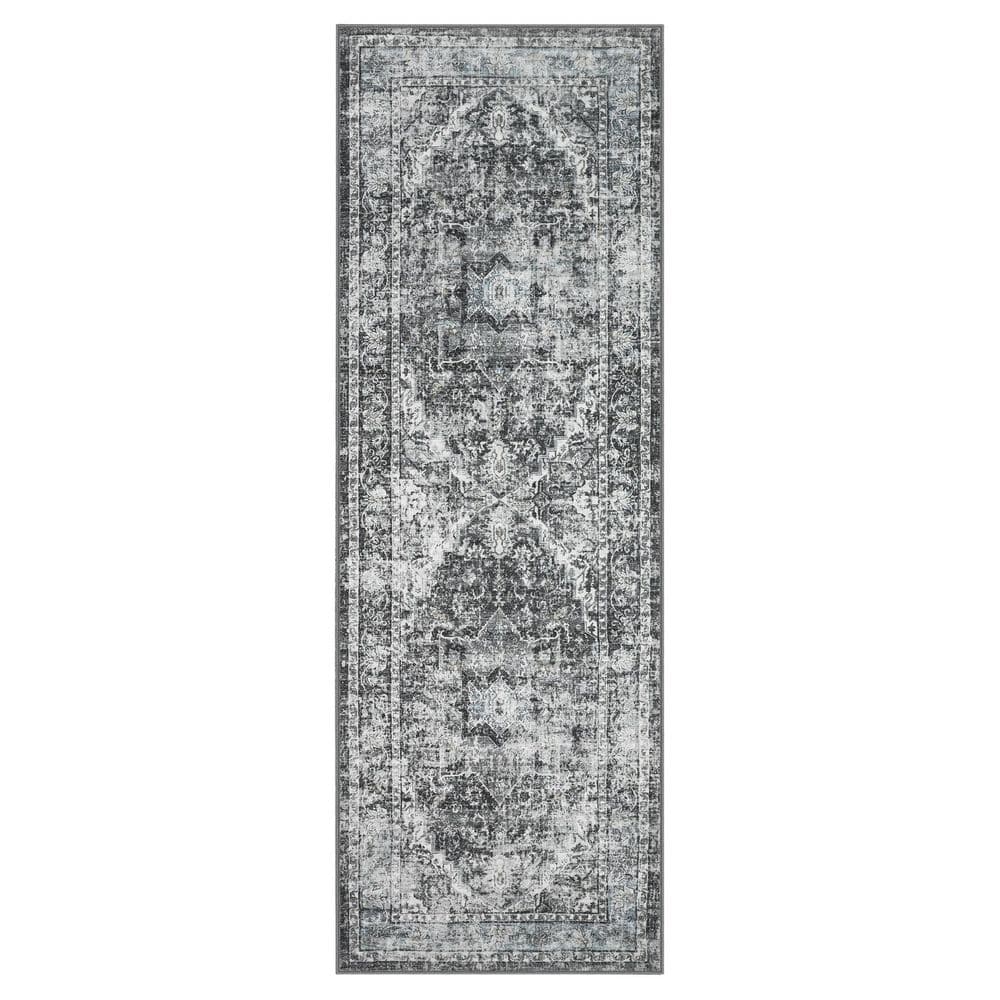 Garvee Gray 2 ft. x 6 ft. Medallion Pattern Short Pile Indoor Area Rug ...