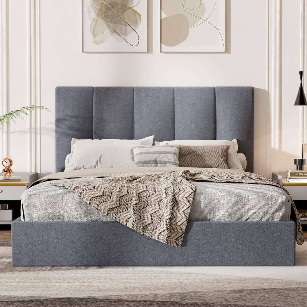 Ahokua Gray Plywood Frame Full Size Linen Upholstered Platform Bed with ...
