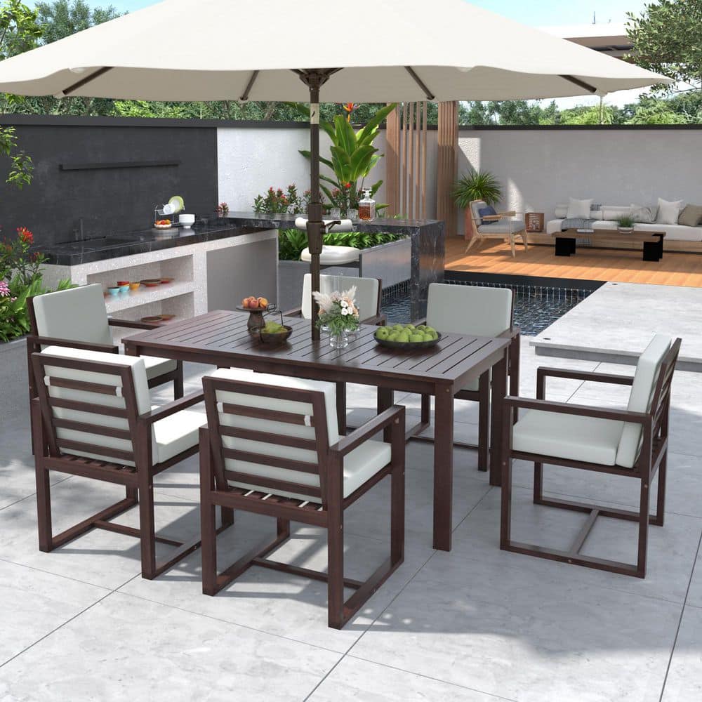 7-Piece Wood Patio Outdoor Dining Set with Light Beige Grey Cushions ...