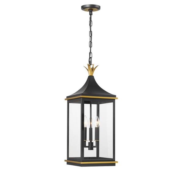 Crystorama 10 in. 3 Light Matte Black + Textured Gold Outdoor Pendant ...
